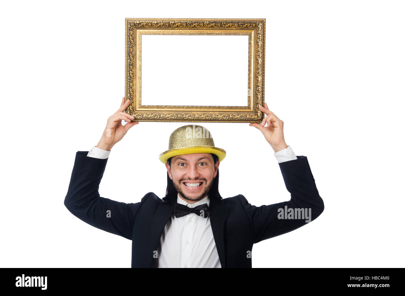 Man with picture frame isolated on white Stock Photo - Alamy