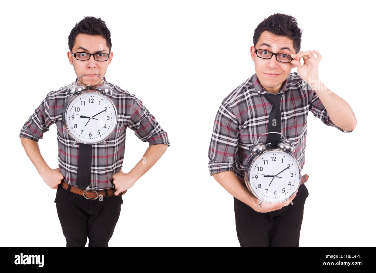 Young man with clock isolated on white Stock Photo - Alamy