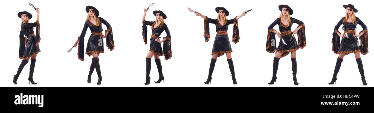 Woman pirate in various poses on white Stock Photo - Alamy