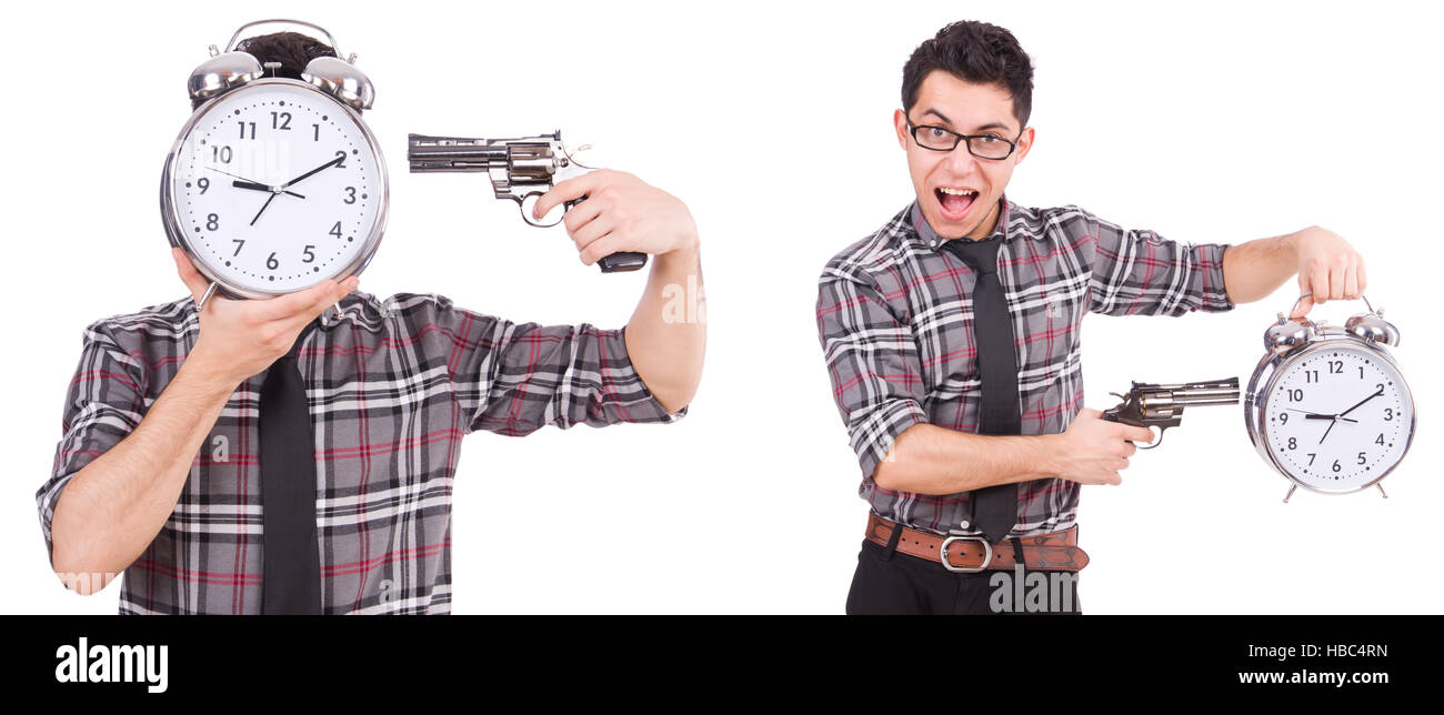 Young man with clock isolated on white Stock Photo - Alamy