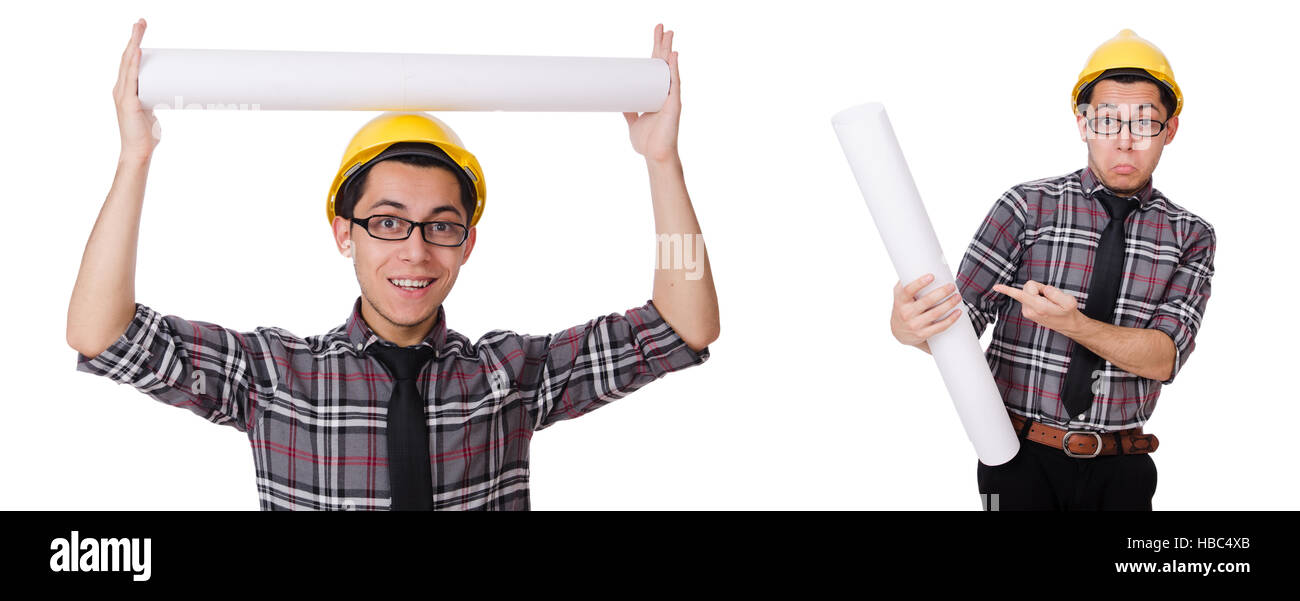 Funny man with blueprints on white Stock Photo - Alamy