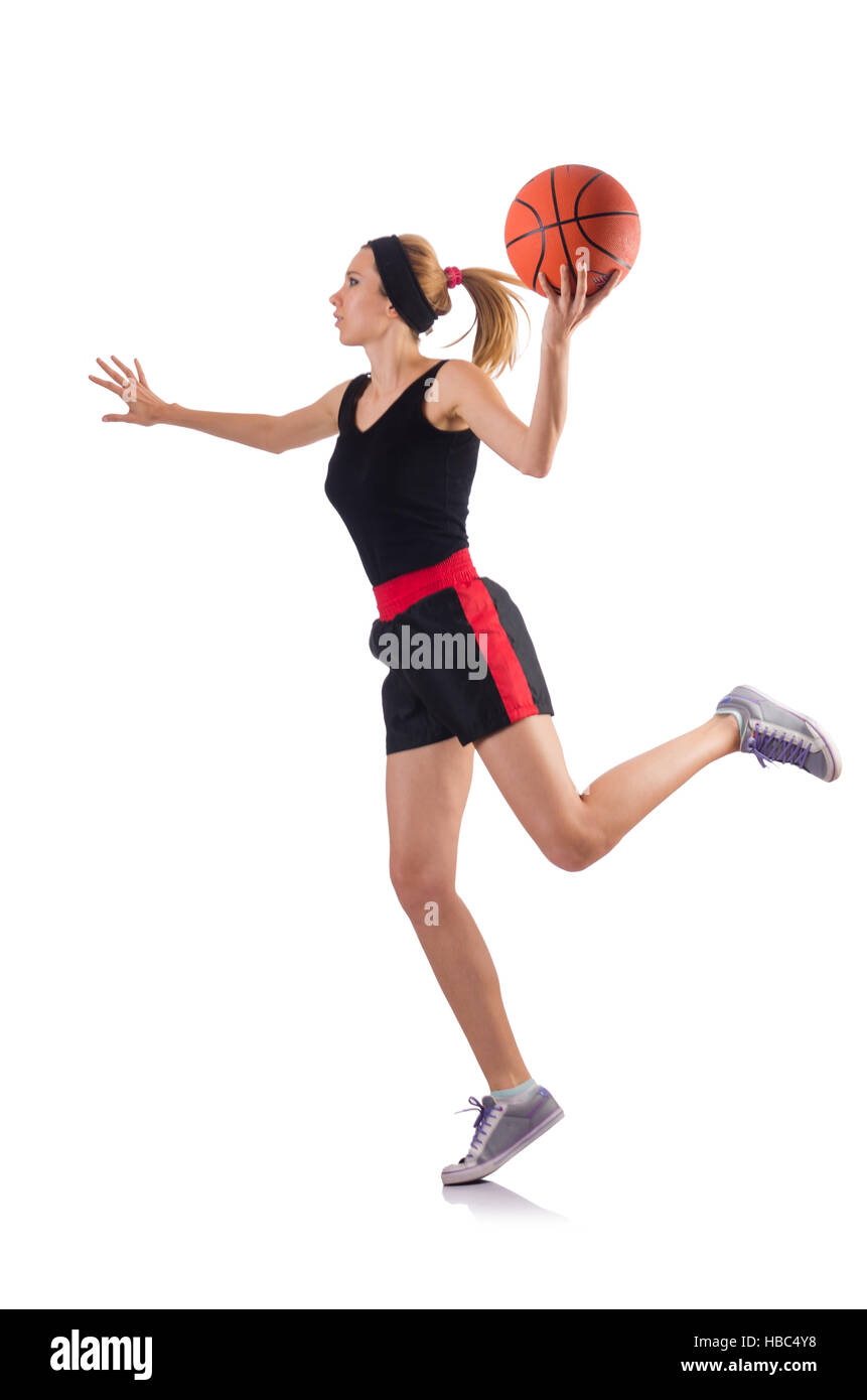 Woman playing basketball isolated on white Stock Photo - Alamy