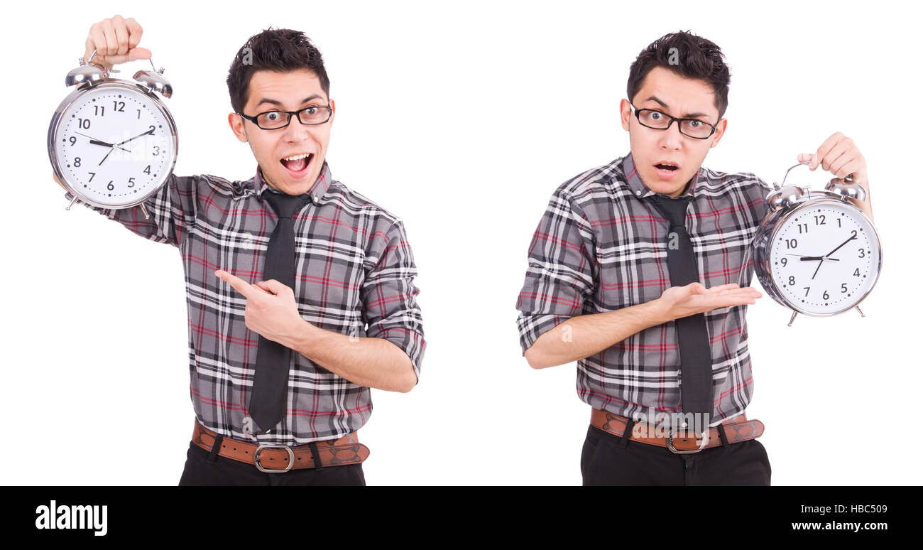 Young man with clock isolated on white Stock Photo - Alamy