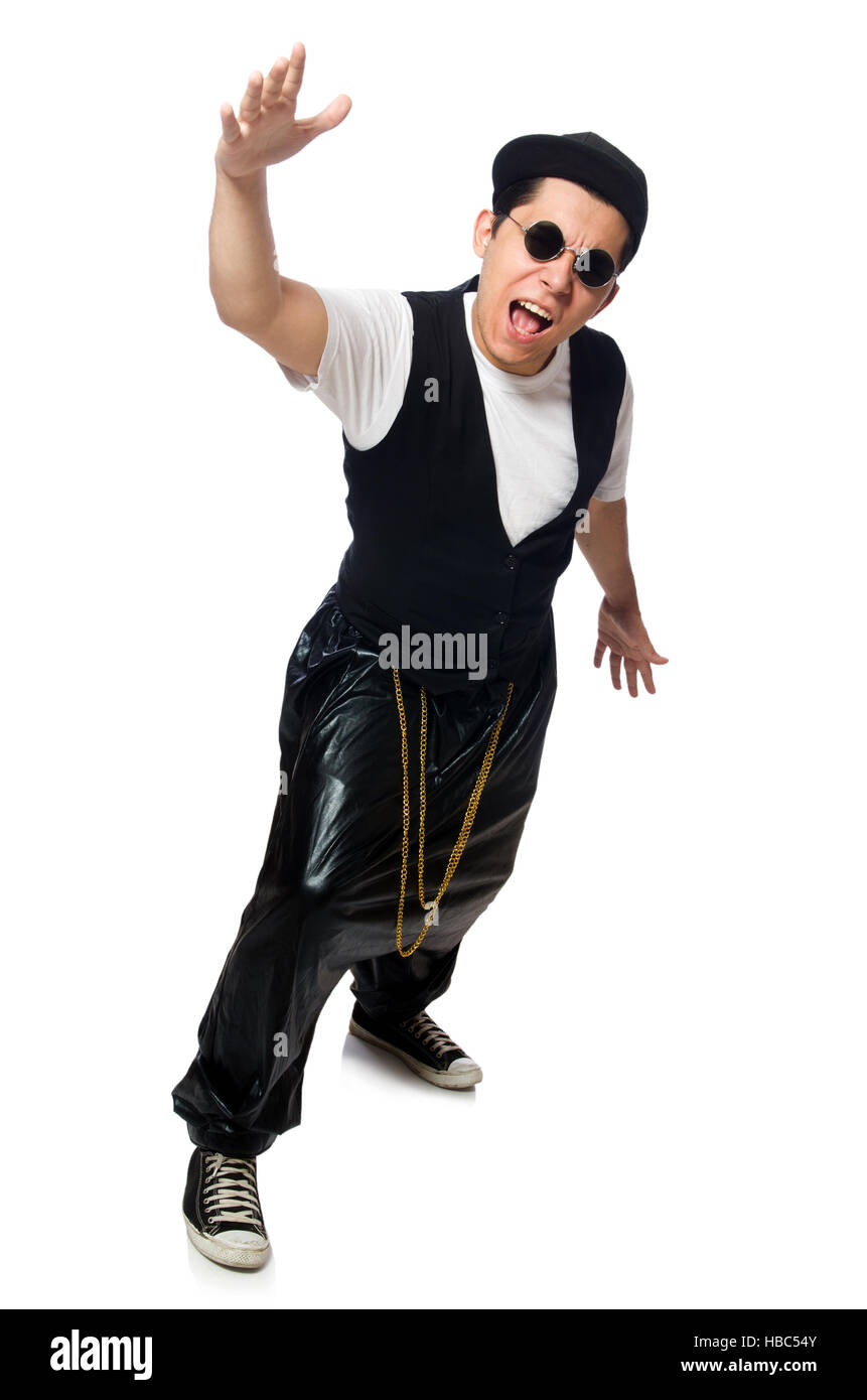 Funny young man dancing isolated on white Stock Photo - Alamy