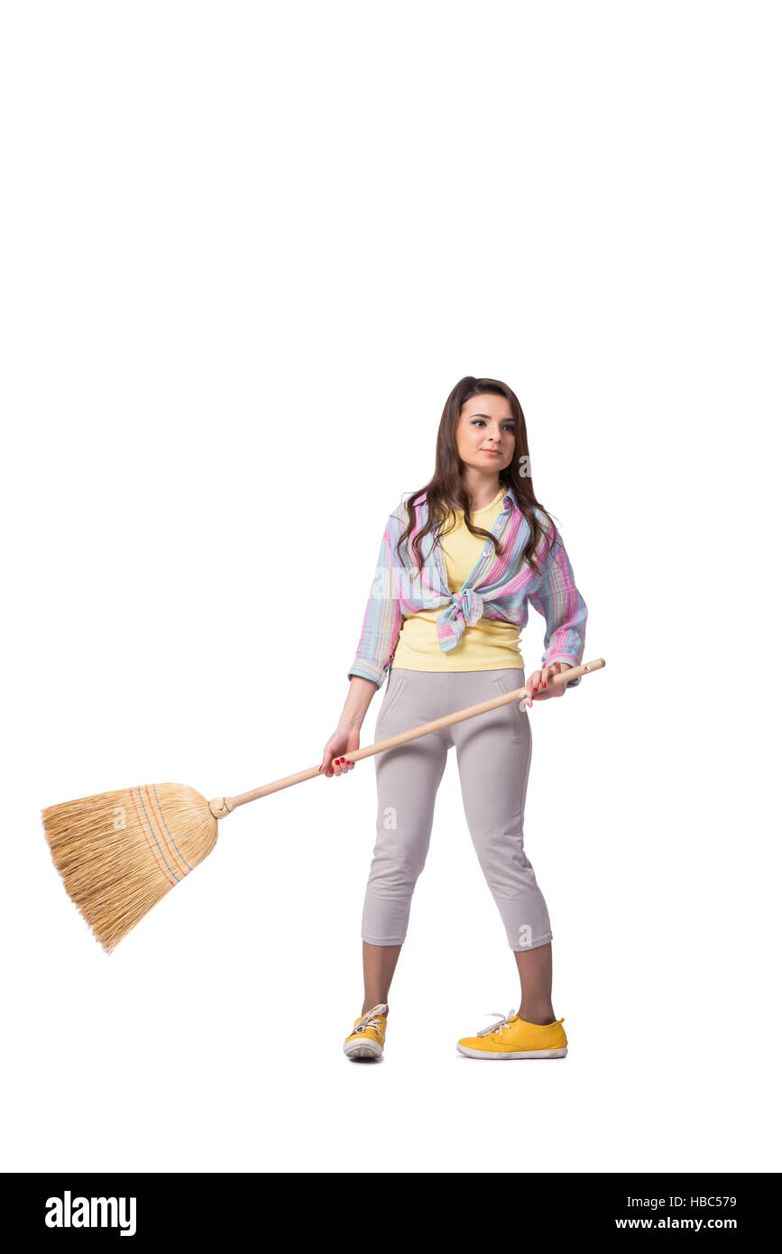 Woman sweeping floor isolated on white Stock Photo - Alamy