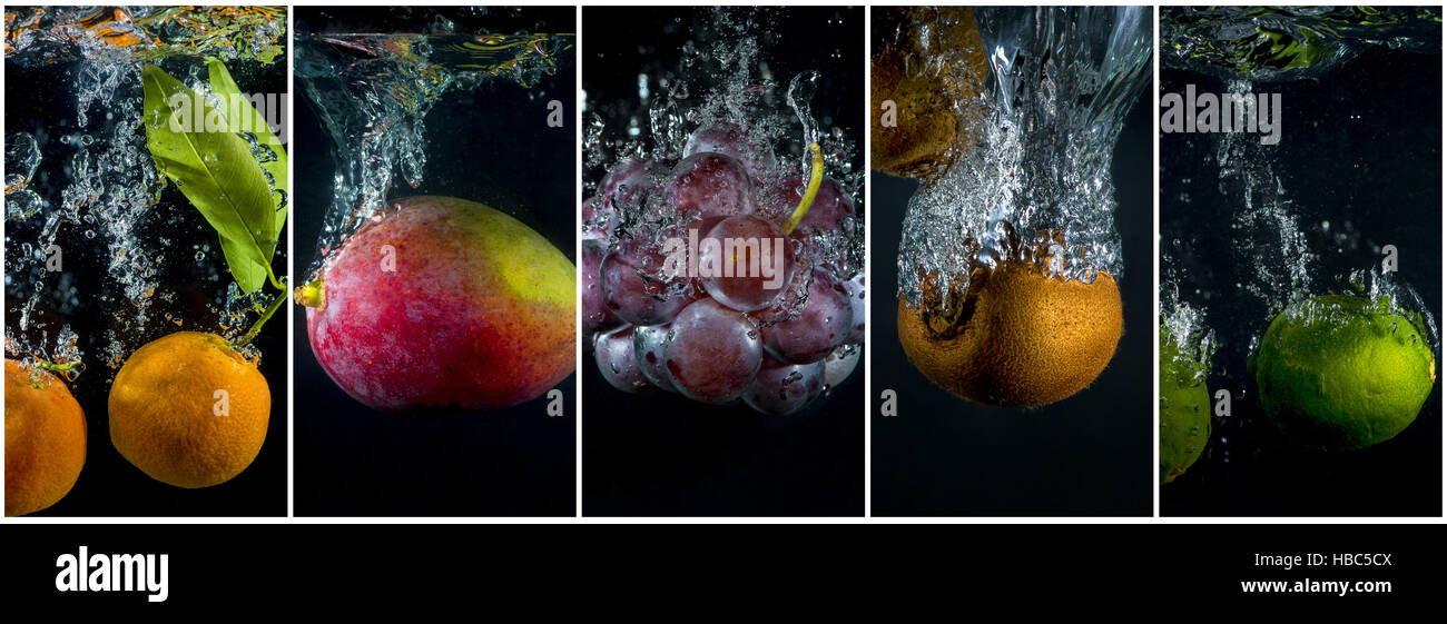 Fruits falling into the water with splashes and bubbles. Collage of ...