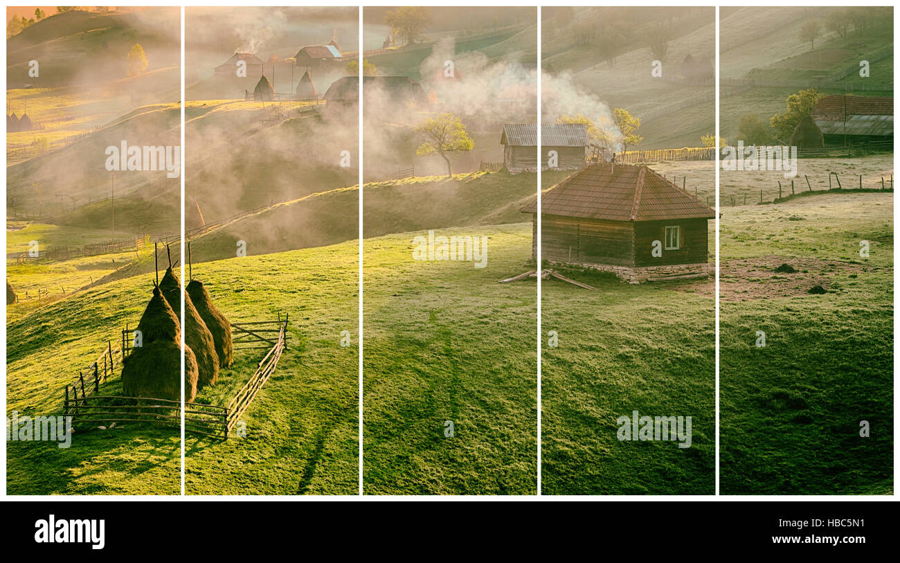 separate frames with mountain landscape in summer morning, Romania ...