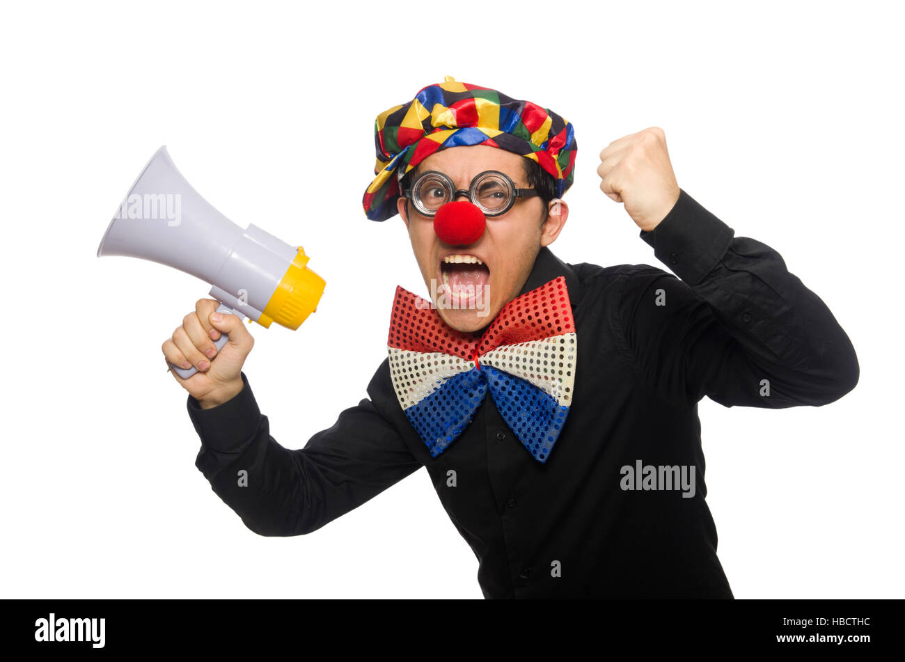 Clown with loudspeaker isolated on white Stock Photo - Alamy