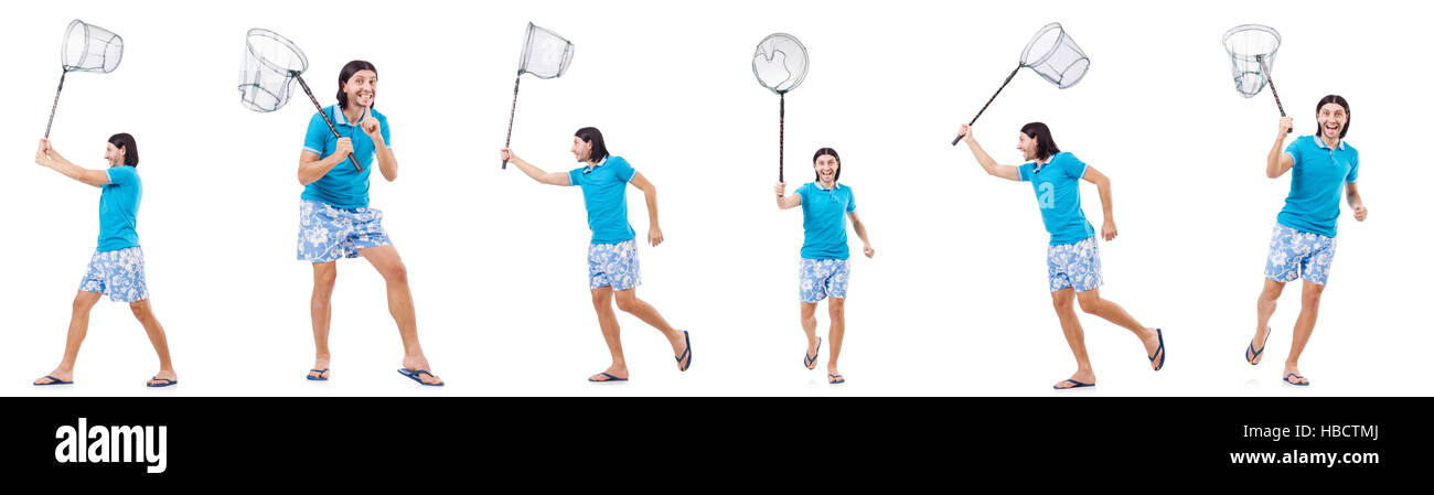 Man with big catching net isolated on white Stock Photo - Alamy