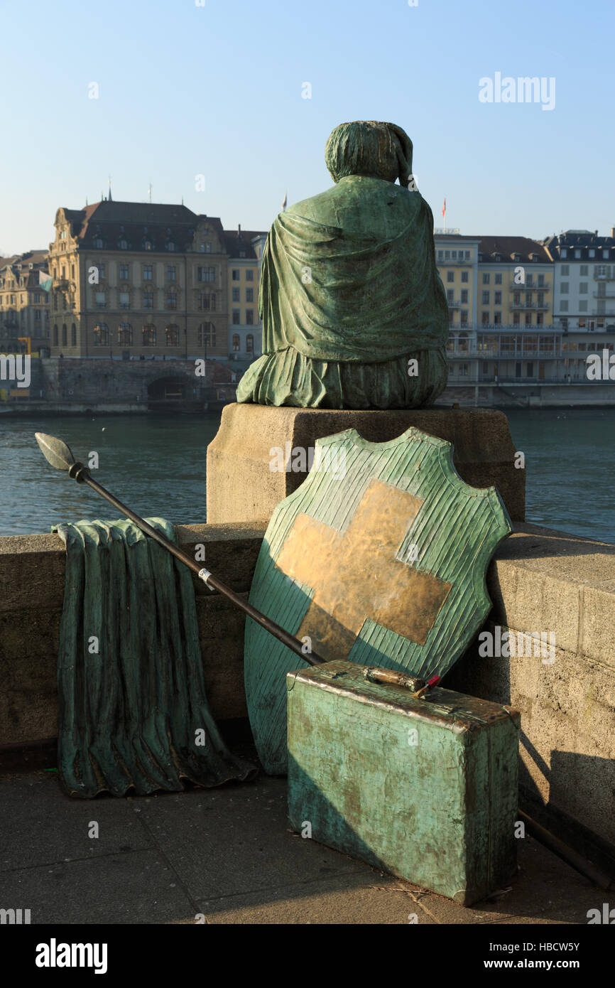 A photograph of the Helvetia statue on the Rhine river in Basel ...