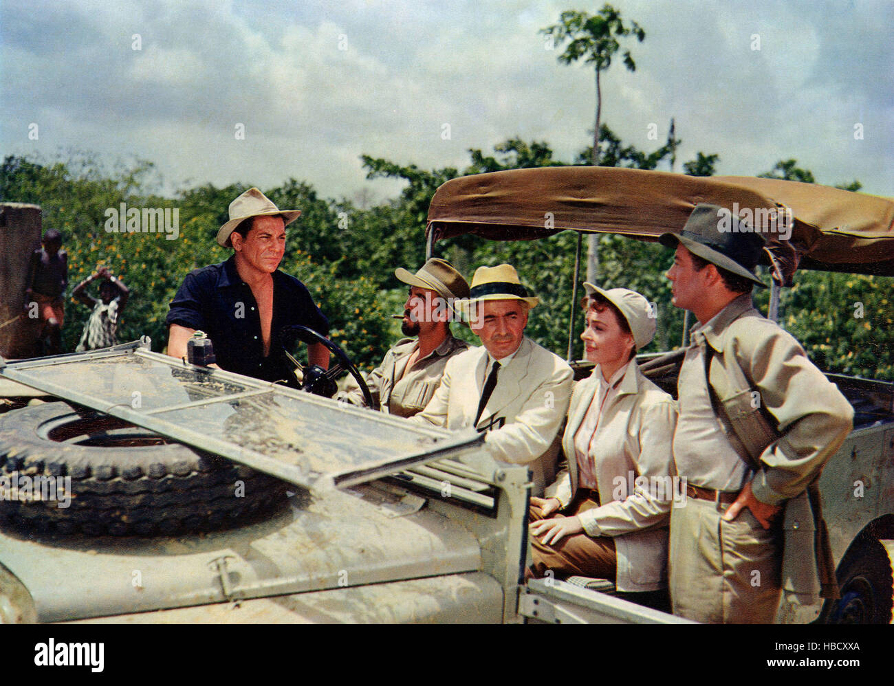 BEYOND MOMBASA, from left: Ron Randell, Christopher Lee, Leo Genn ...