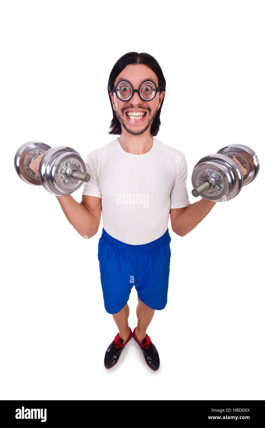 Funny guy with dumbbels on white Stock Photo - Alamy