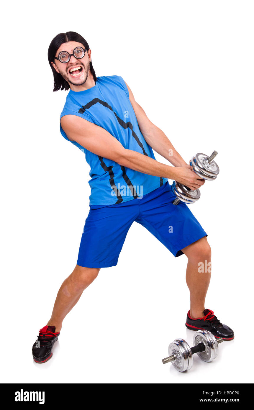 Funny guy with dumbbels on white Stock Photo - Alamy