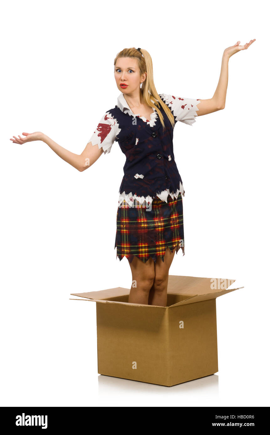 Woman with cardboard box isolated on white Stock Photo - Alamy