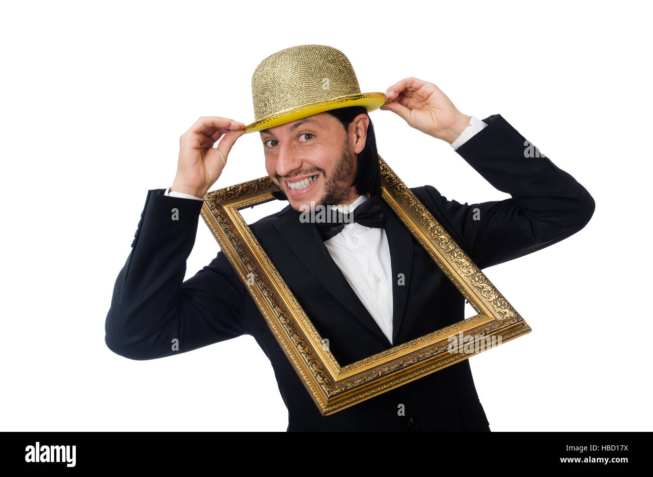 Man with picture frame isolated on white Stock Photo - Alamy