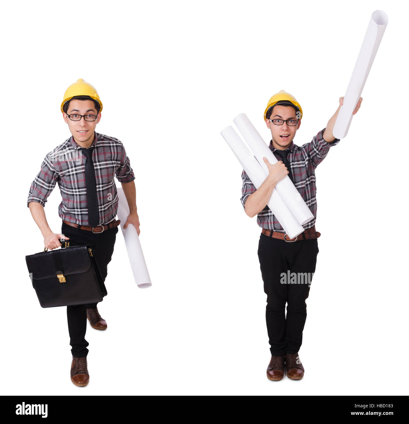 Funny man with blueprints on white Stock Photo - Alamy