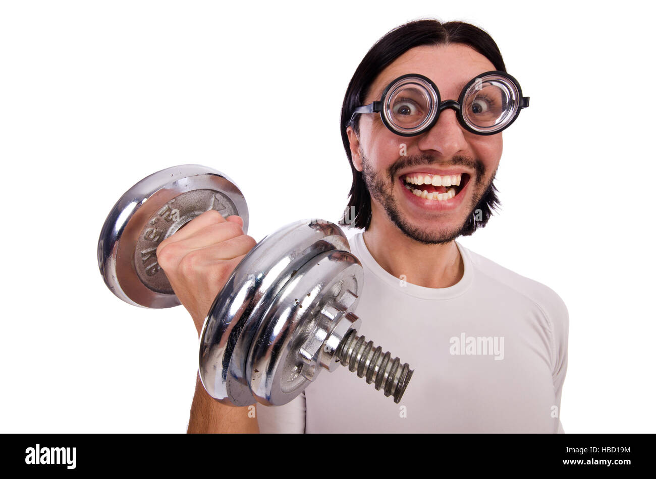 Funny guy with dumbbels on white Stock Photo - Alamy