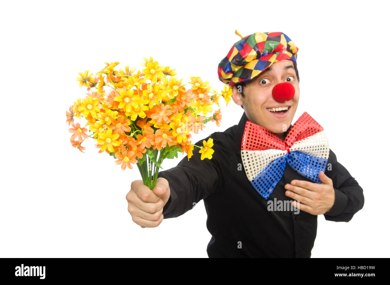 Funny clown with flowers isolated on white Stock Photo - Alamy