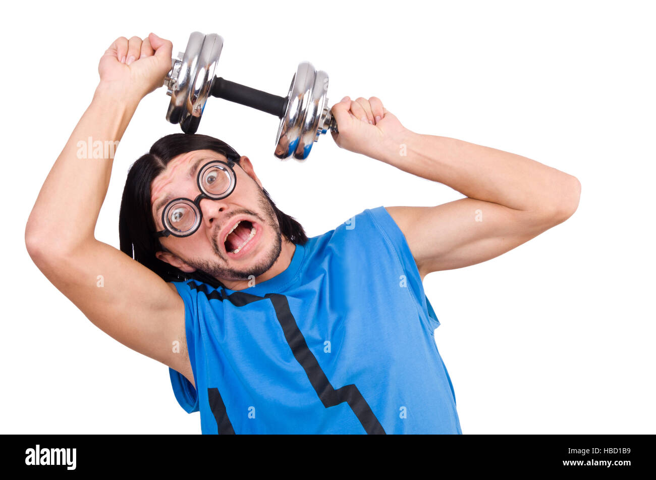 Funny guy with dumbbels on white Stock Photo - Alamy