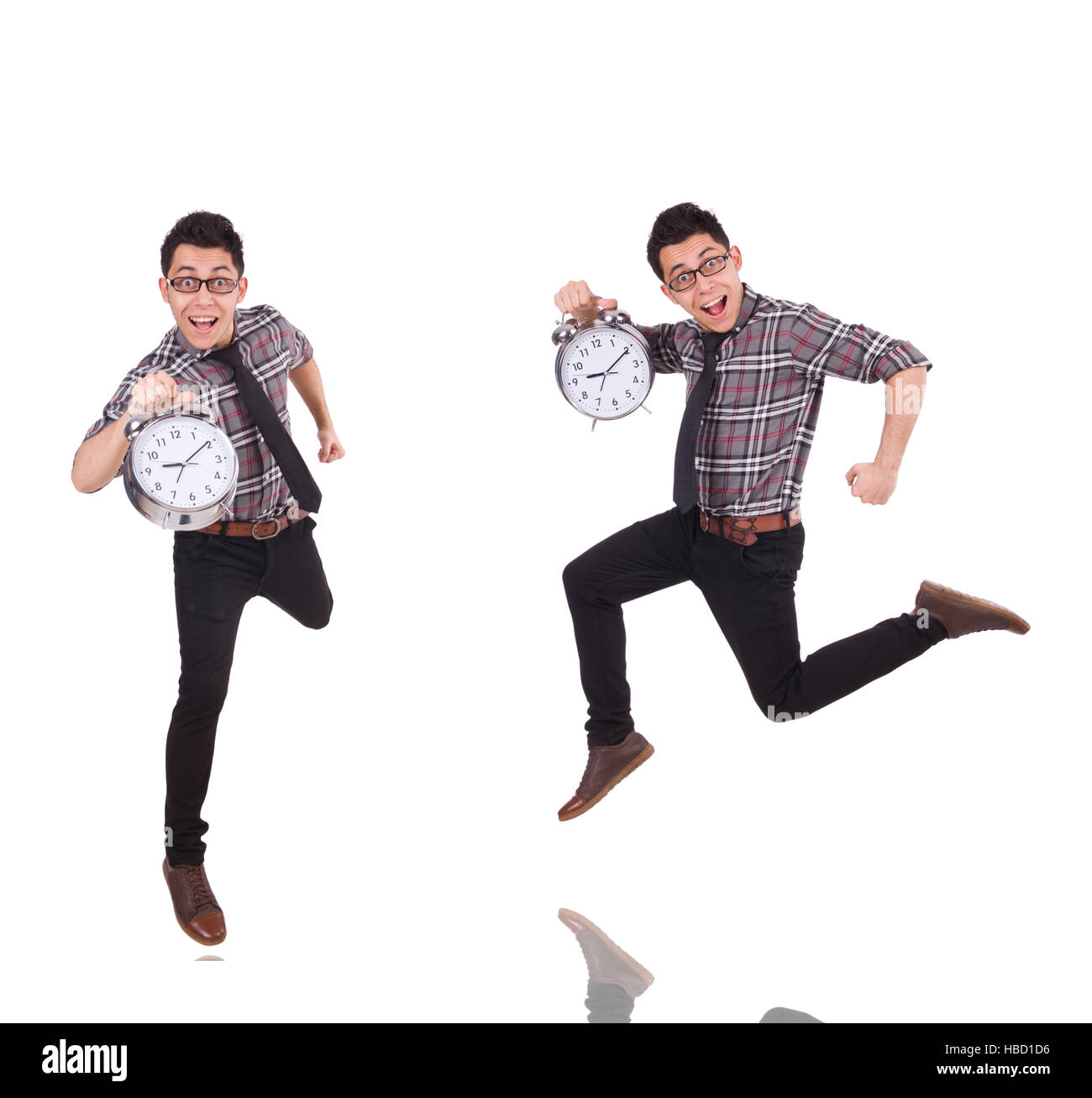 Young man with clock isolated on white Stock Photo - Alamy