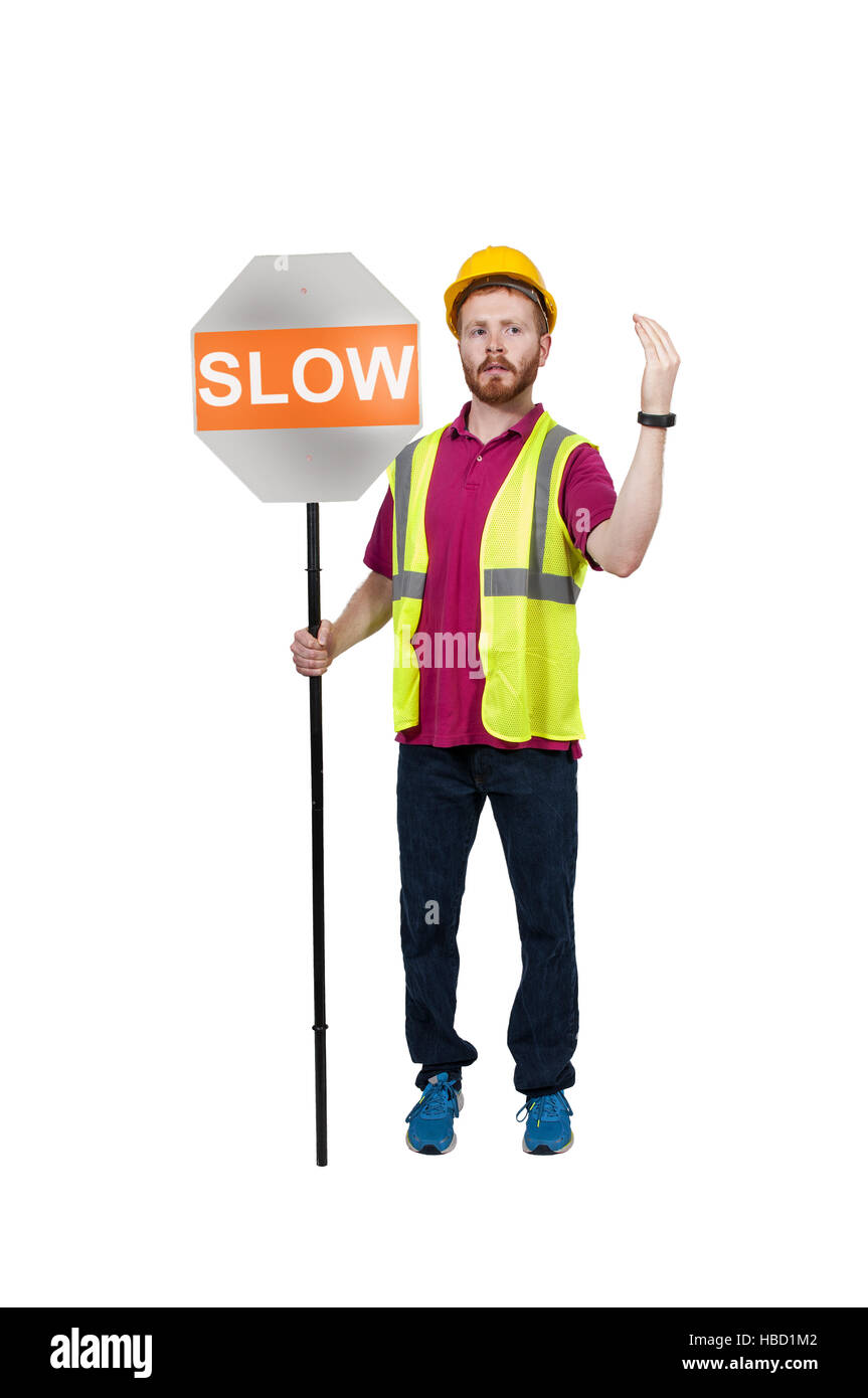 Workman with Stop Sign Stock Photo - Alamy