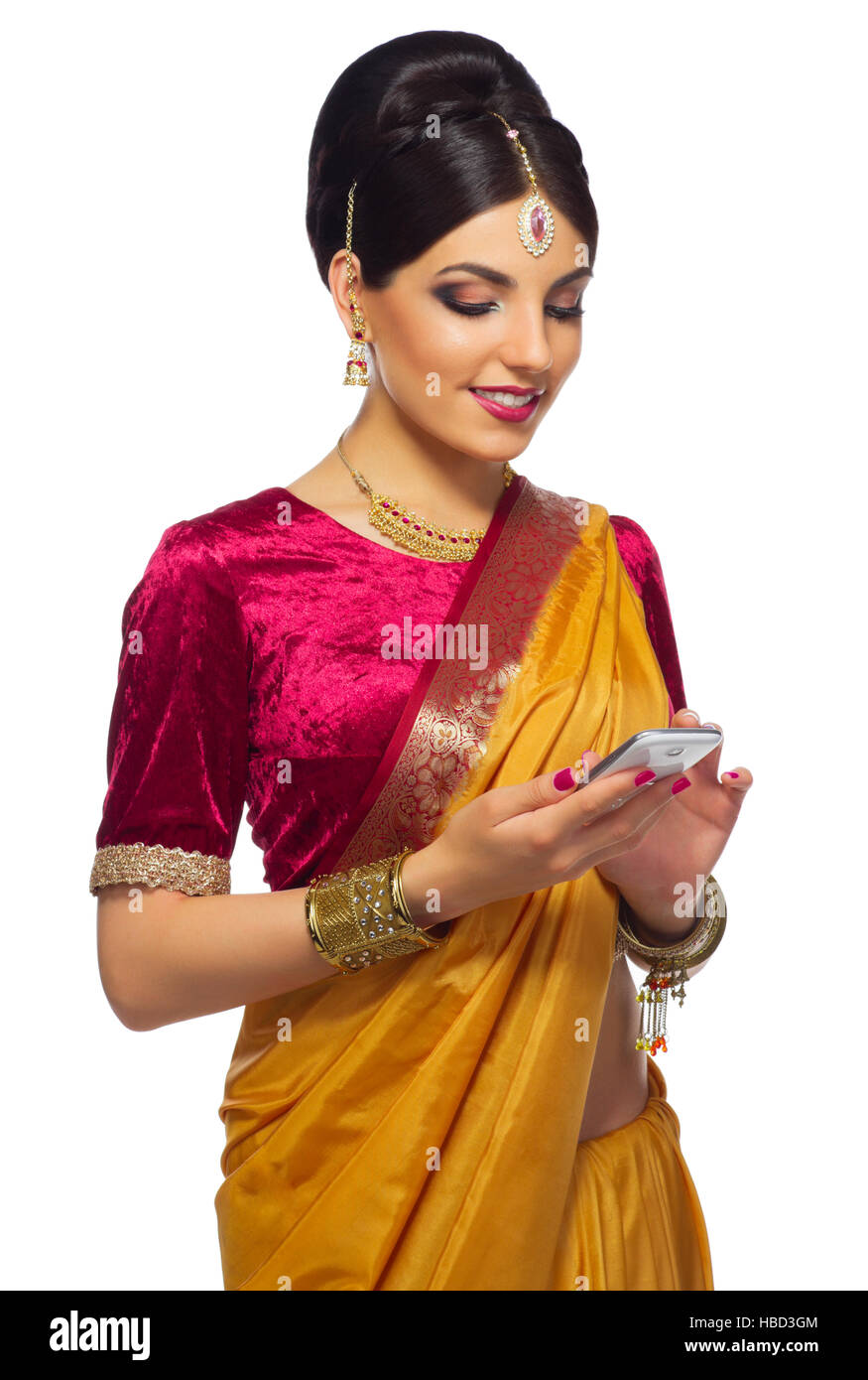 Indian woman with phone isolated on white Stock Photo - Alamy