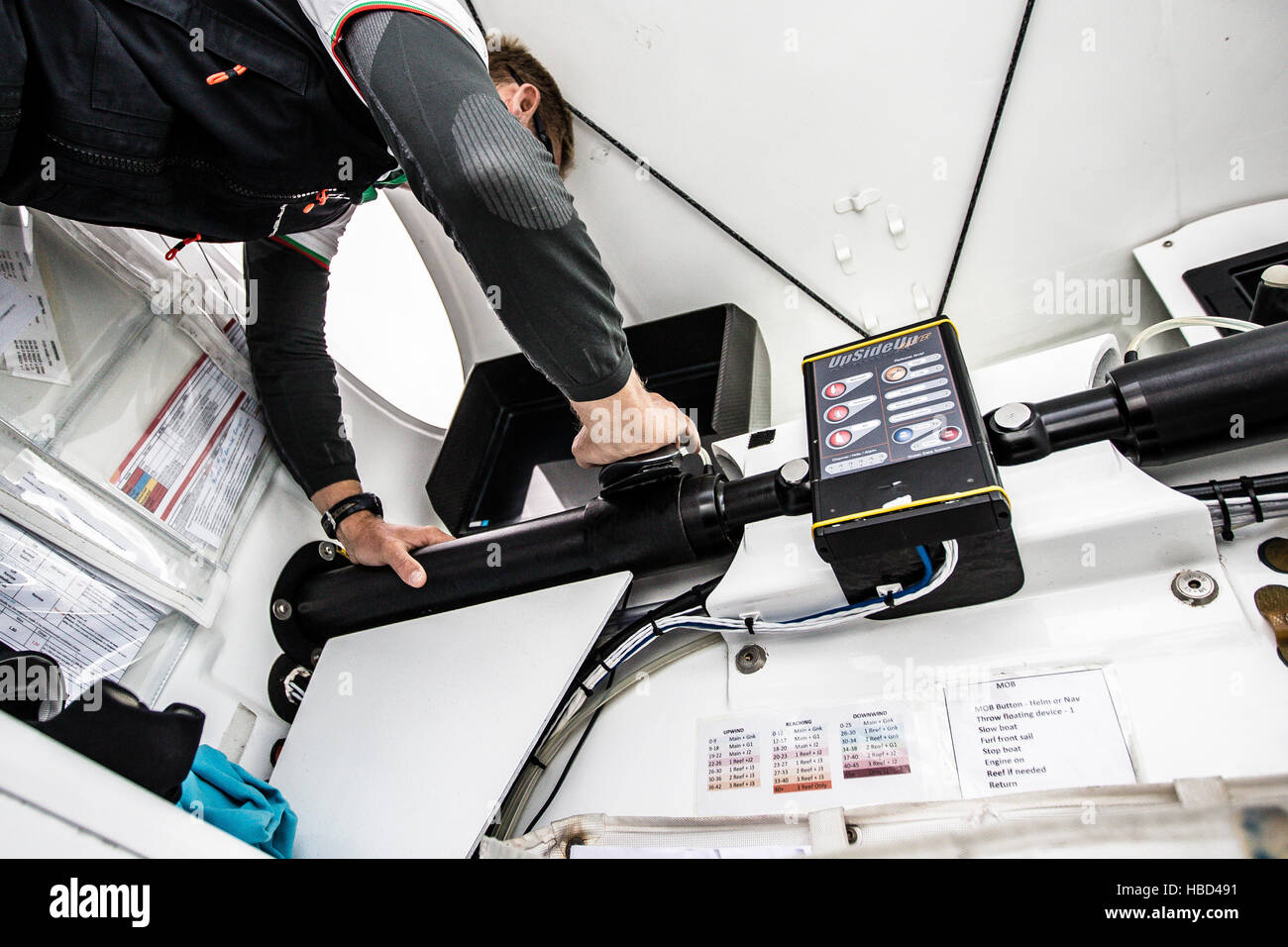 A sailor is checking the instruments inside the Oman Sail's Trimaran ...