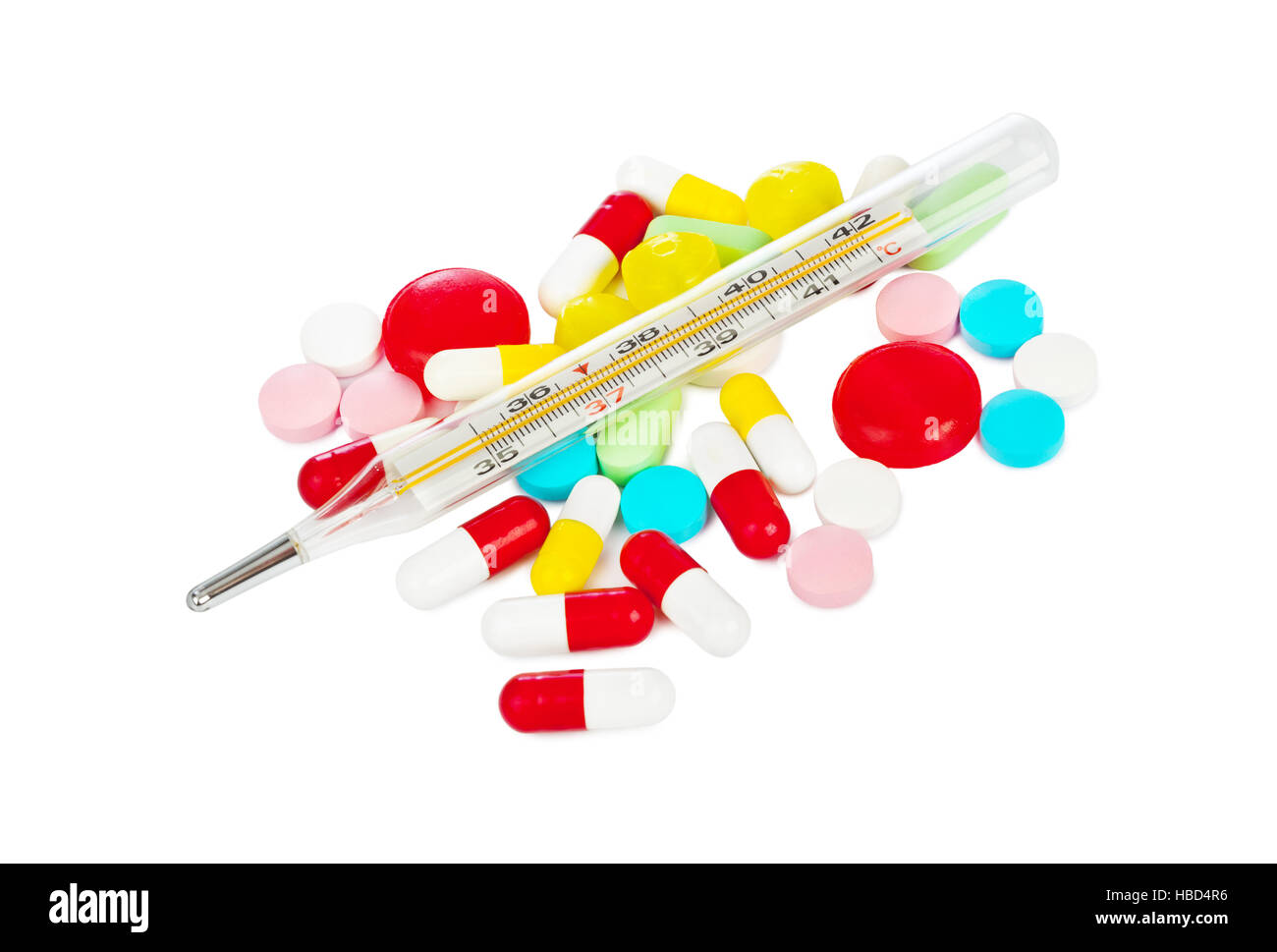 Pills and thermometer Stock Photo - Alamy