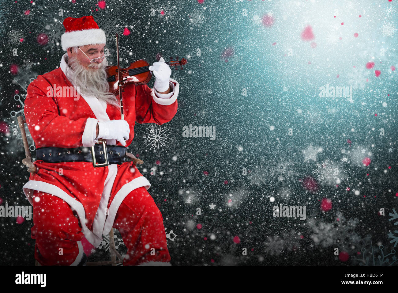 Composite image of smiling santa claus playing violin on chair Stock ...