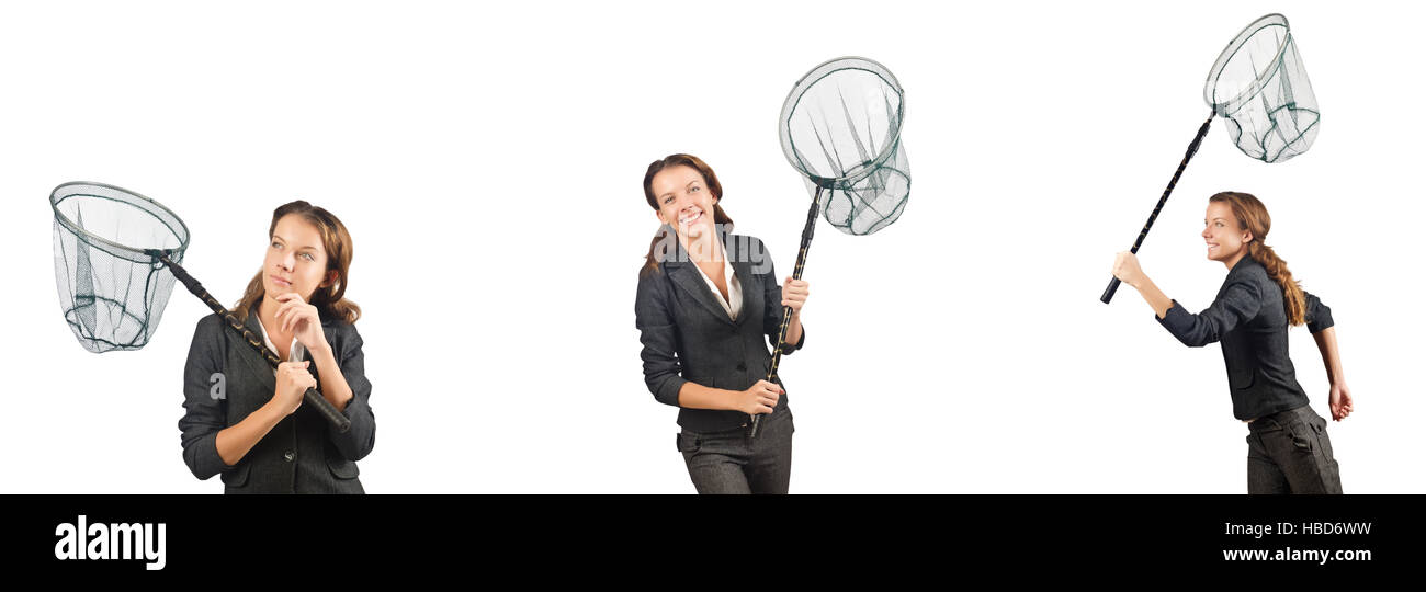Woman with net isolated on white Stock Photo - Alamy