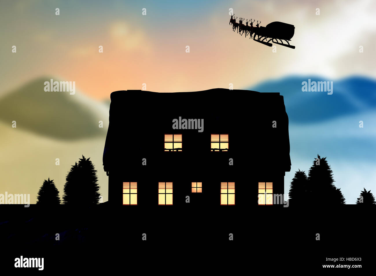 Composite image of reindeer pulling empty sleigh with gifts during ...