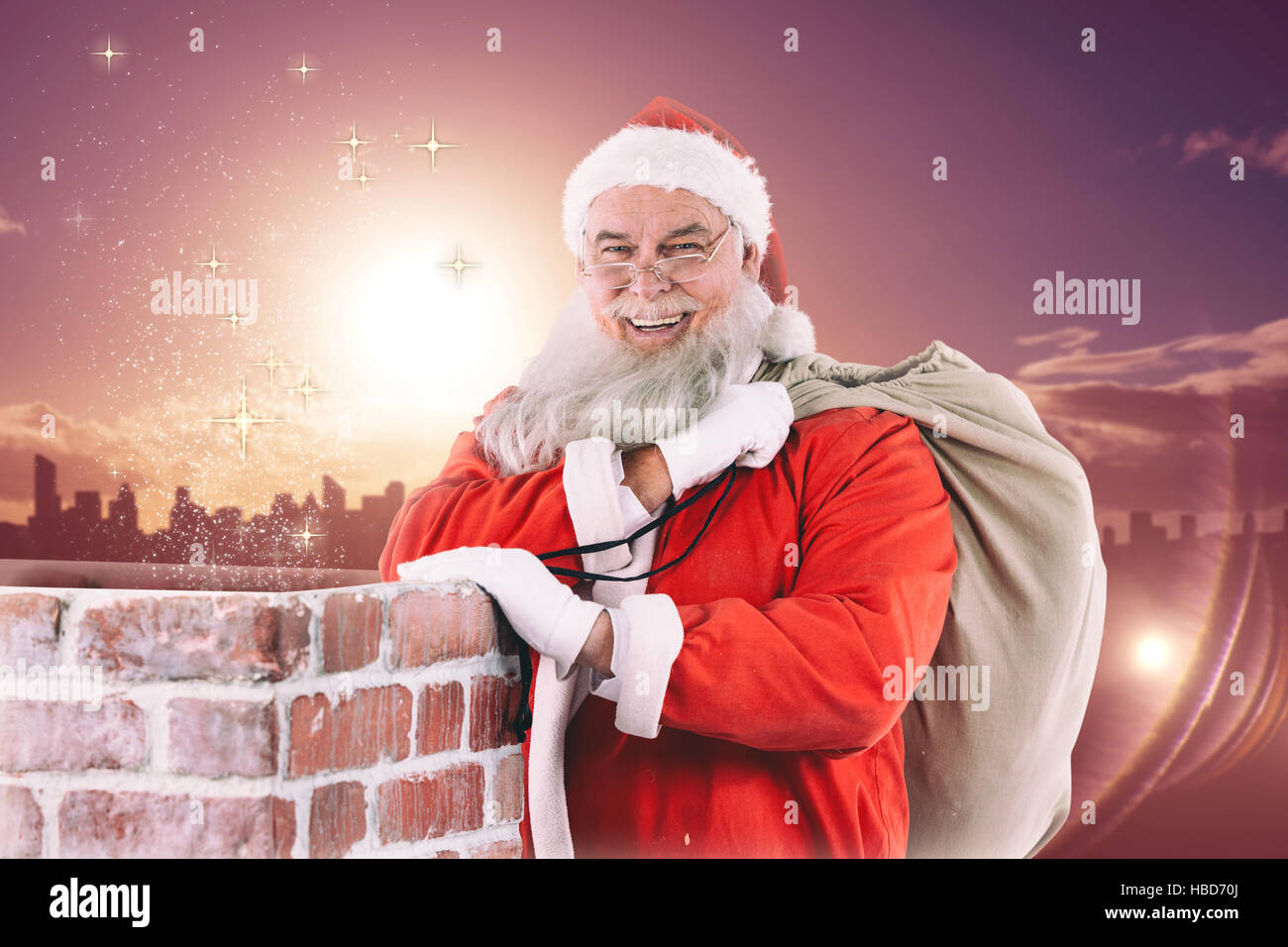 Composite image of portrait of santa claus with eyeglasses carrying bag ...