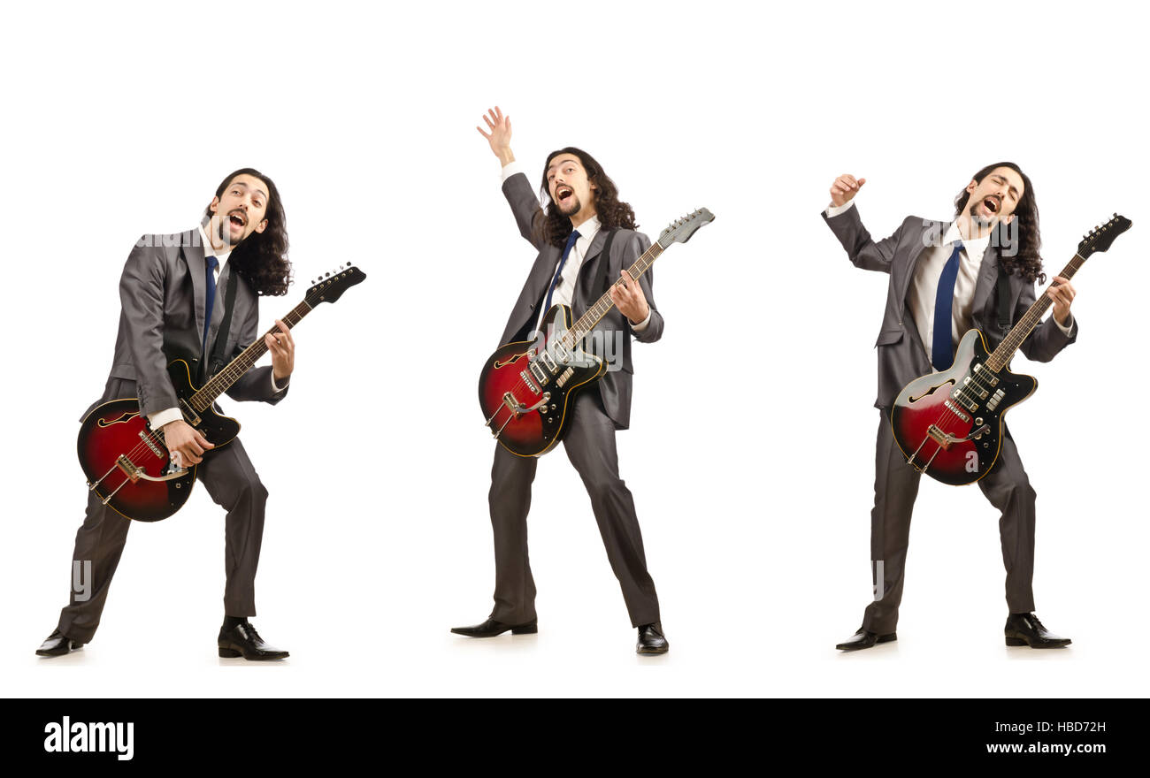Funny guitar player isolated on white Stock Photo - Alamy