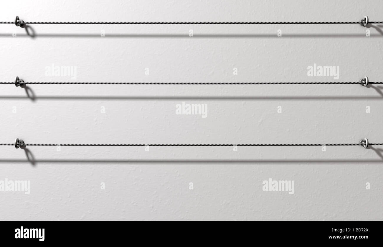 A 3d render of a white wall with steel cables strewn vertically across ...