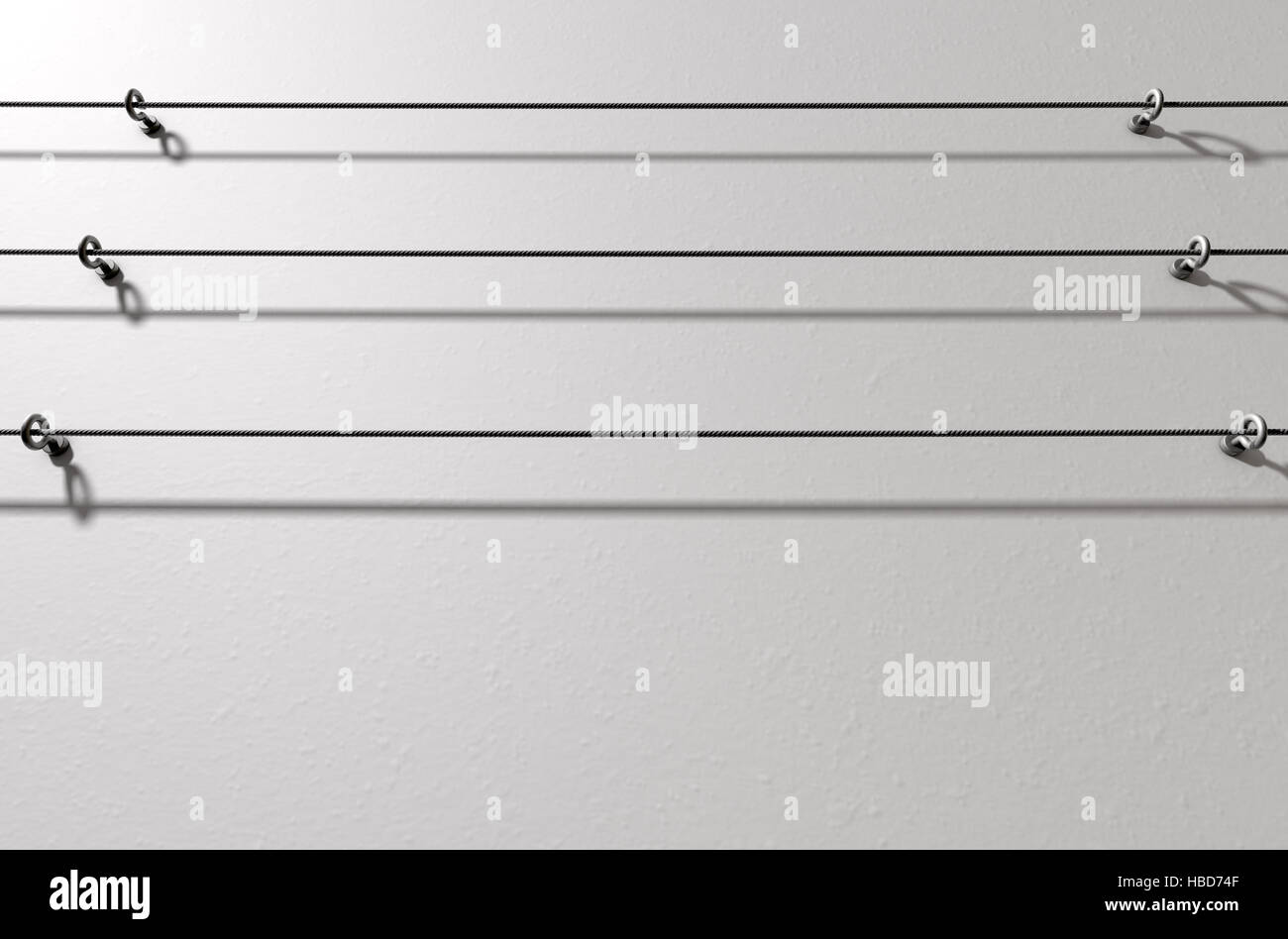 A 3d render of a white wall with steel cables strewn vertically across ...