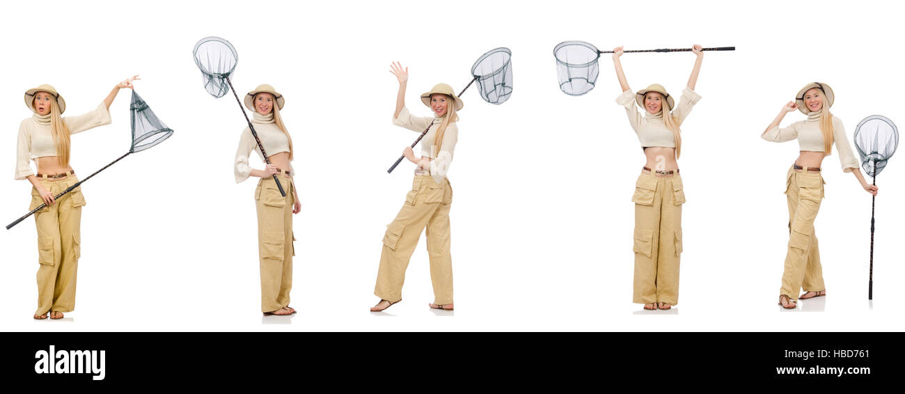 Woman with catching net on white Stock Photo - Alamy