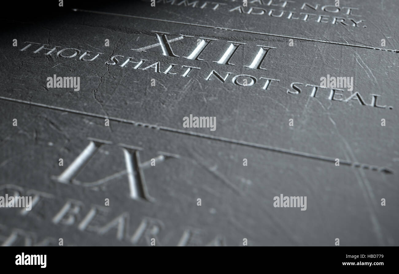 A 3D render of closeup of the ten commandments etched in a stone tablet ...