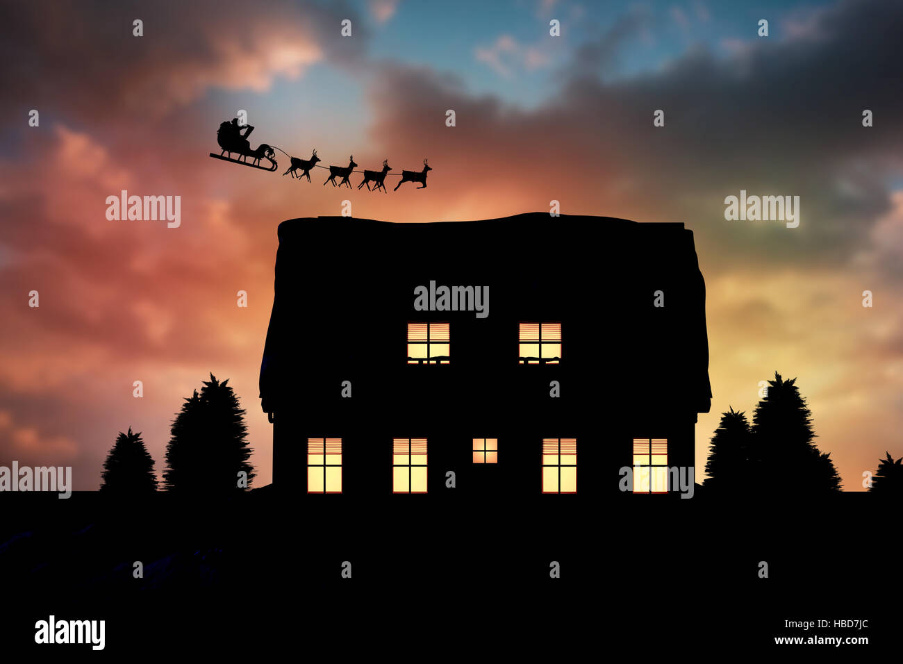 Composite image of side view of santa claus riding on sleigh during ...
