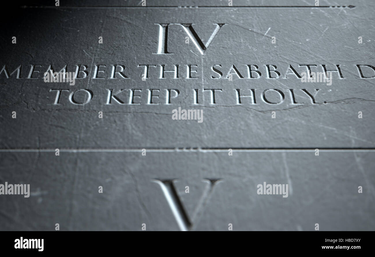 A 3D render of closeup of the ten commandments etched in a stone tablet ...