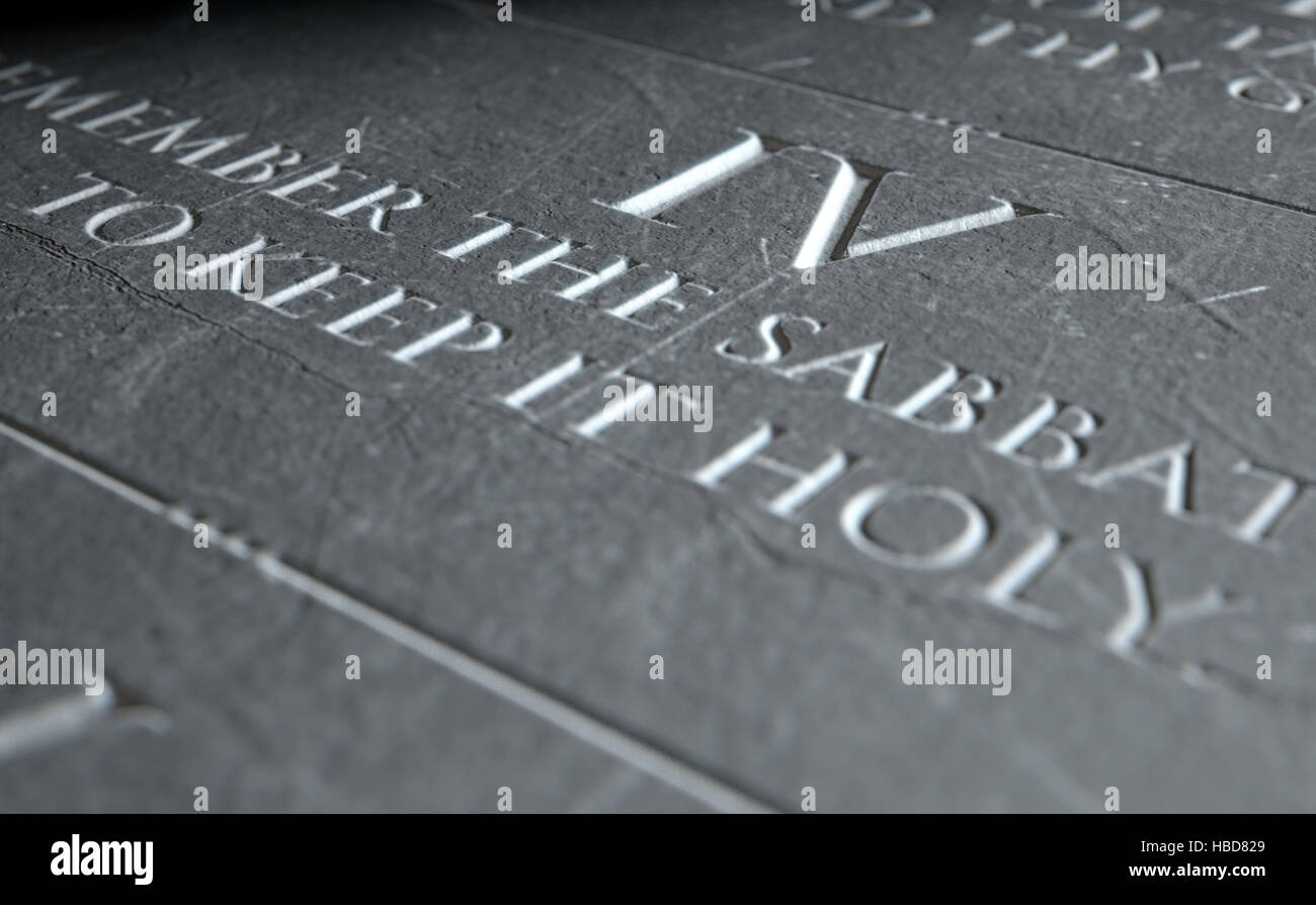 A 3D render of closeup of the ten commandments etched in a stone tablet ...