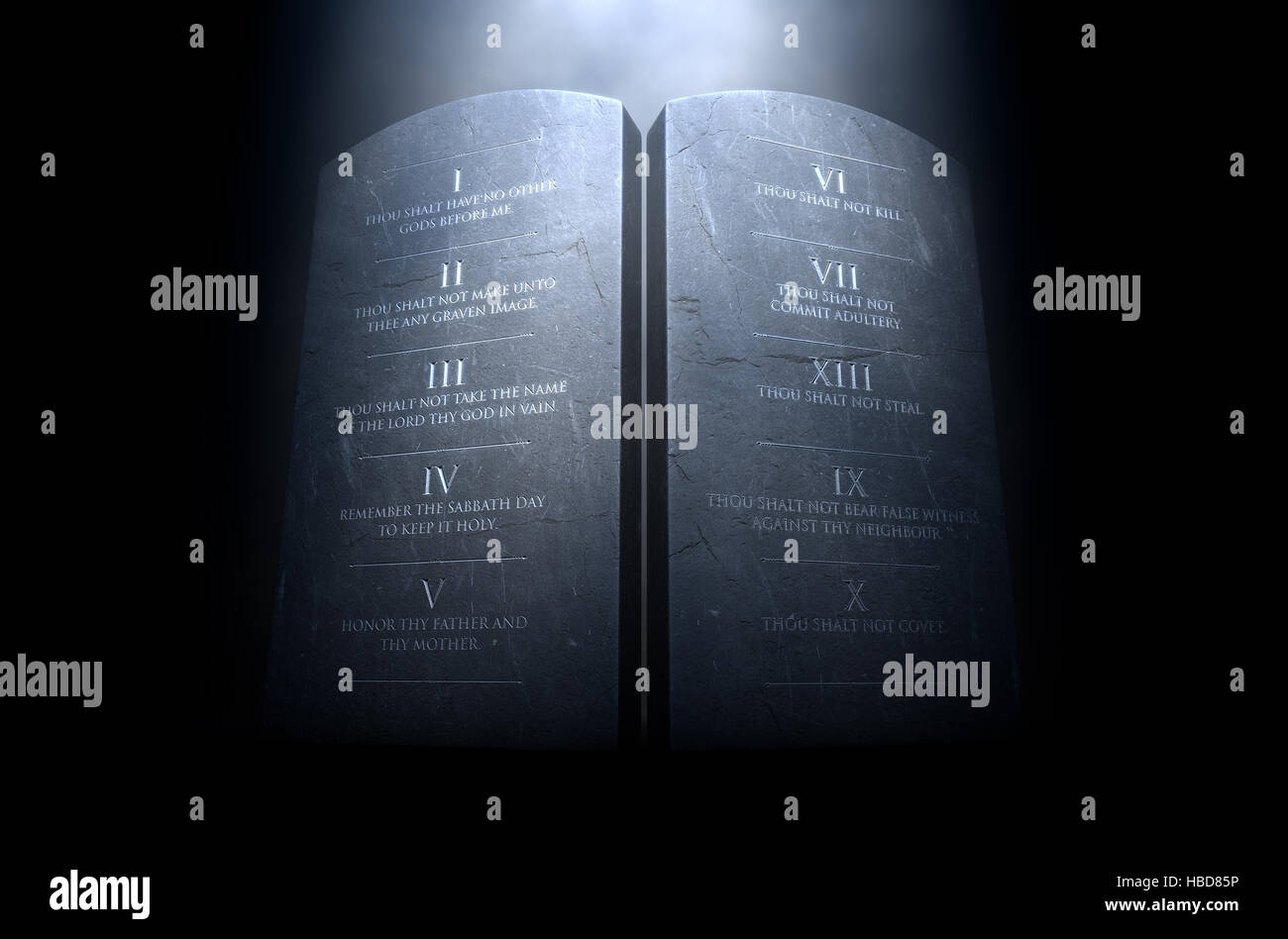 A 3D render of two stone tablets with the ten commandments etched on ...
