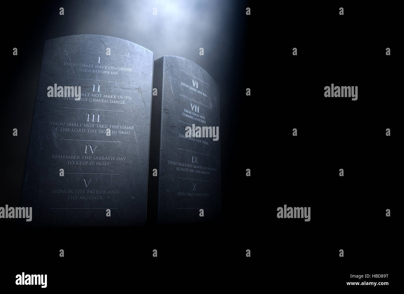 A 3D render of two stone tablets with the ten commandments etched on ...