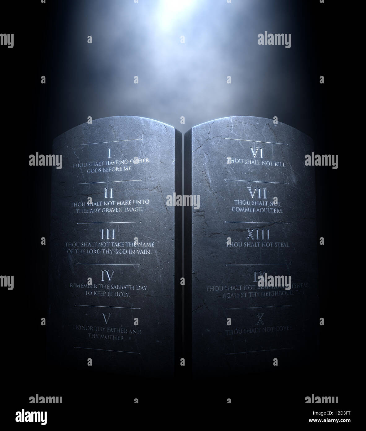 A 3D render of two stone tablets with the ten commandments etched on ...