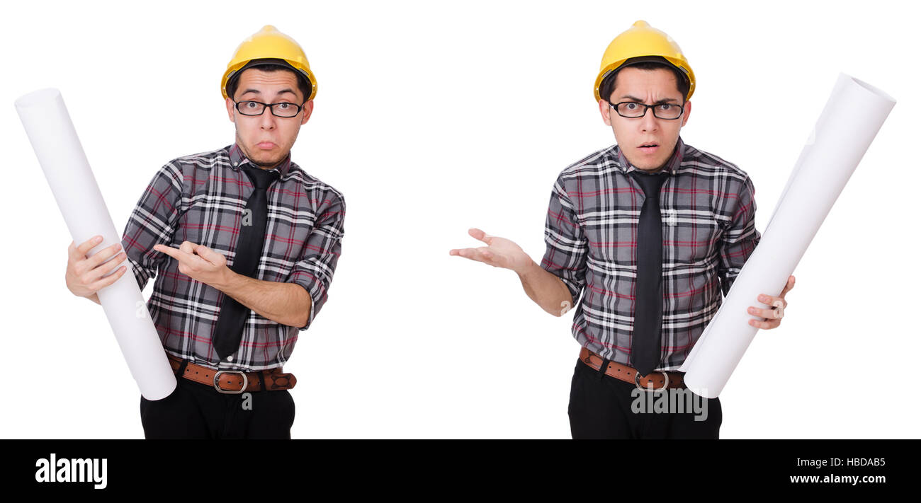 The funny man with blueprints on white Stock Photo - Alamy