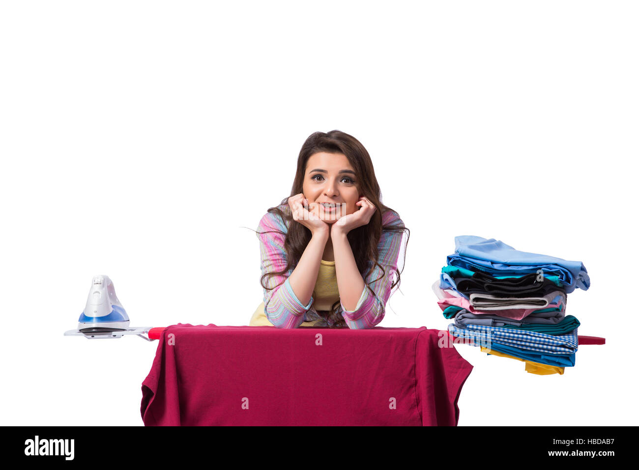 The woman ironing clothing isolated on white Stock Photo - Alamy