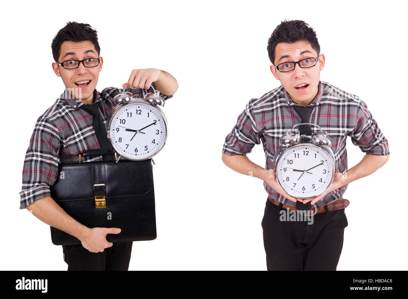 The young man with clock isolated on white Stock Photo - Alamy