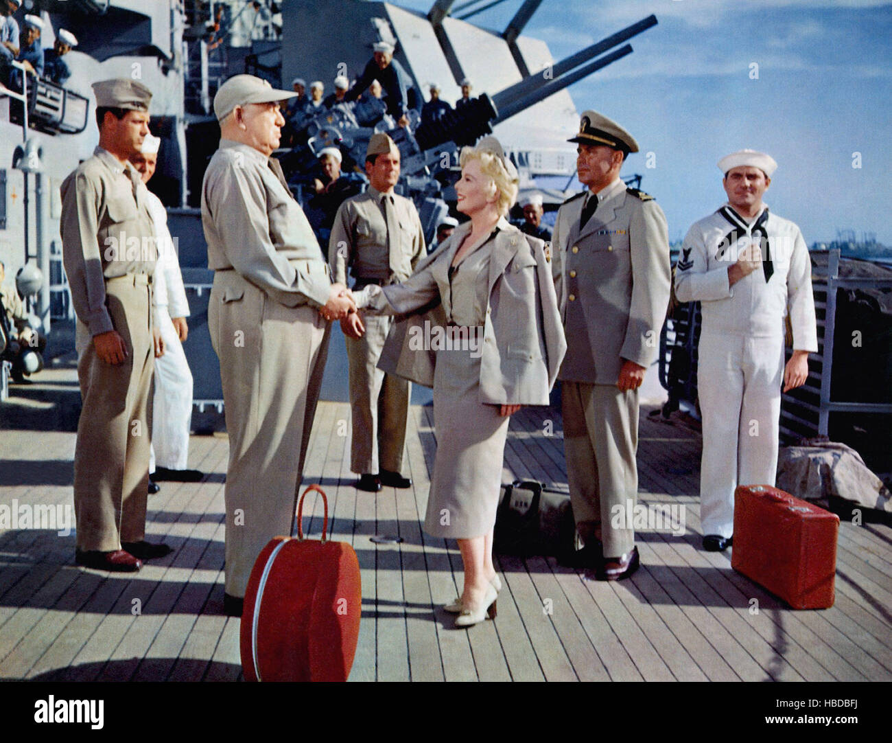 DON'T GO NEAR THE WATER, shaking hands from left: Howard Smith, Eva ...