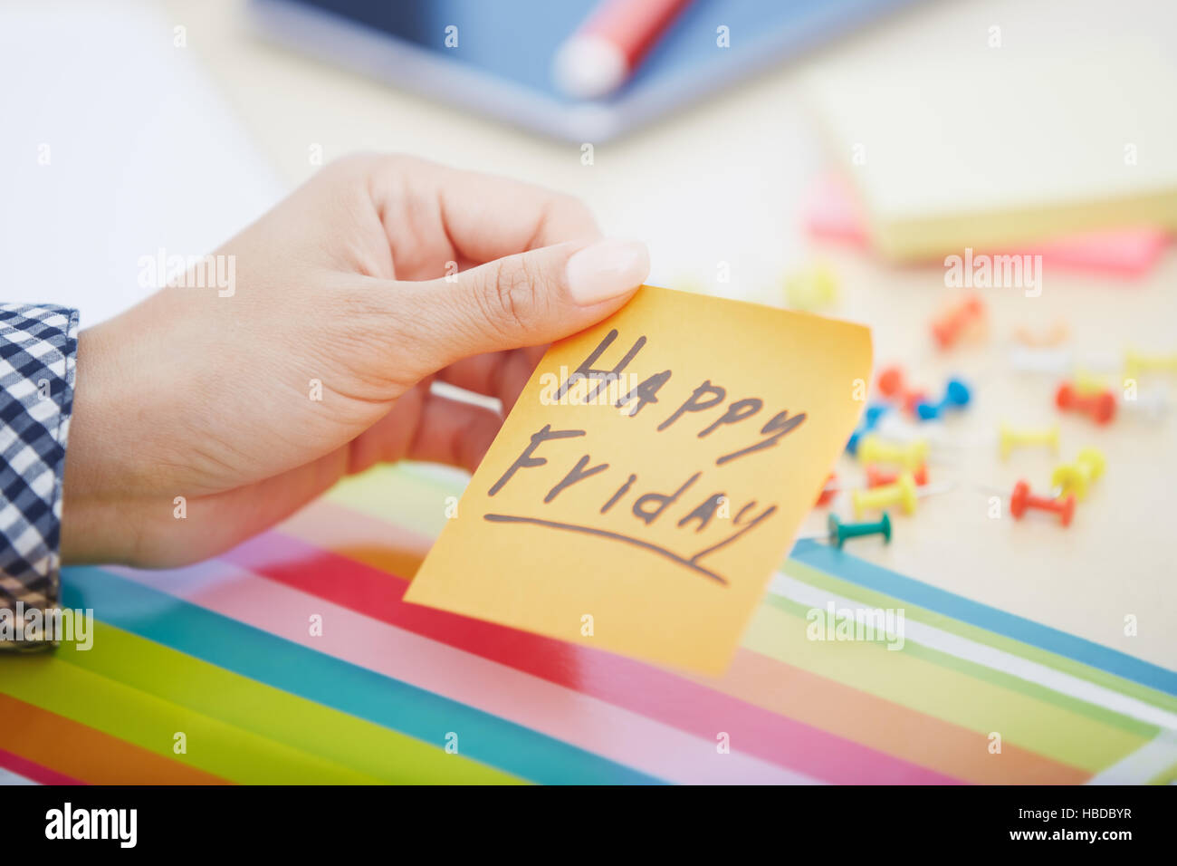 Happy Friday text on adhesive note Stock Photo - Alamy