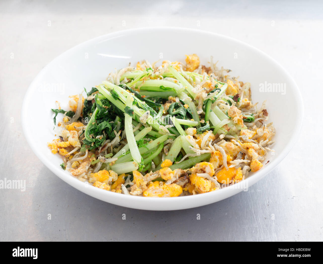 Japanese cuisine, fried potherb mustards, eggs, and little fish Stock ...