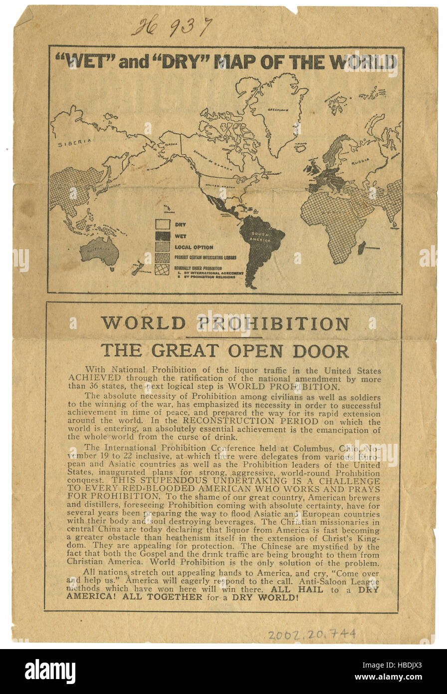 Prohibition Wet and Dry Map of the World broadside Stock Photo - Alamy